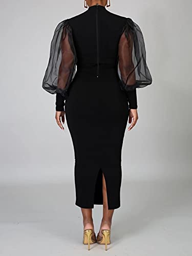 Women's See Through Bodycon Dress Long Puff Lantern Sleeve Sheer Mesh ...